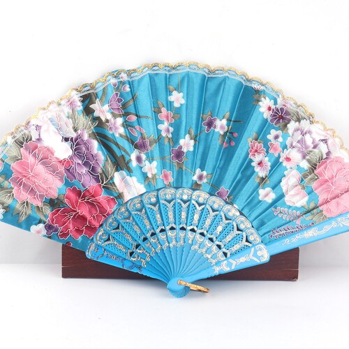 Blue Hand Fanssilk Fans Party Favor Floral Flower Fans - Etsy