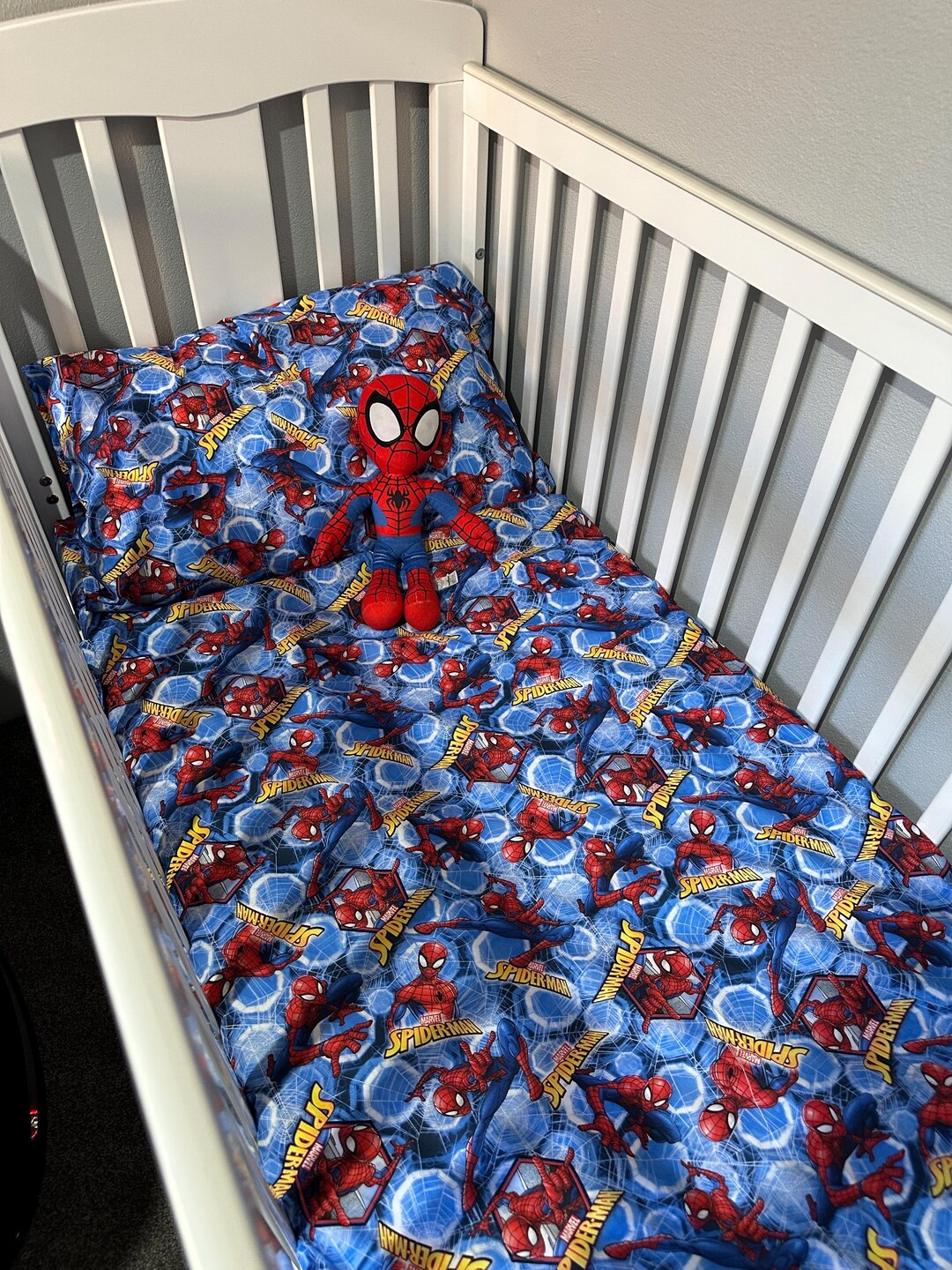 Handmade Spider-man Cot Bed Linen 3 Piece Set - Pillowcase, Fitted ...