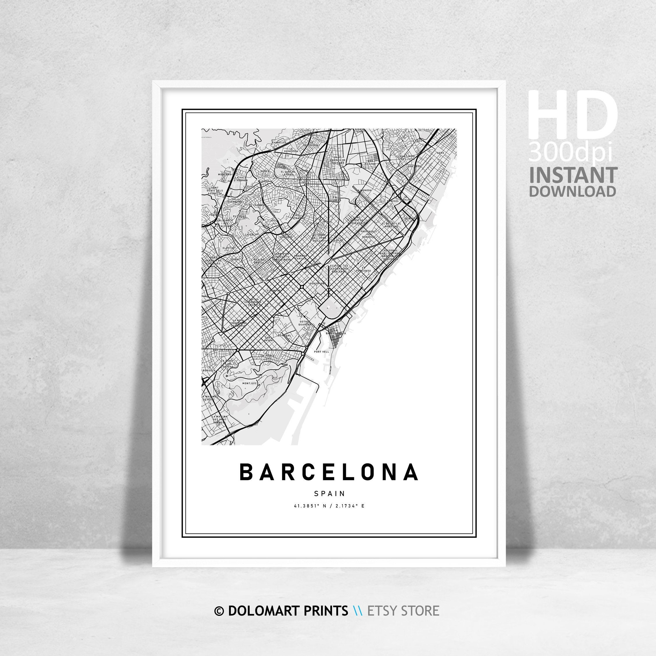 Barcelona Spain Printable Maps Map of Barcelona High | Etsy