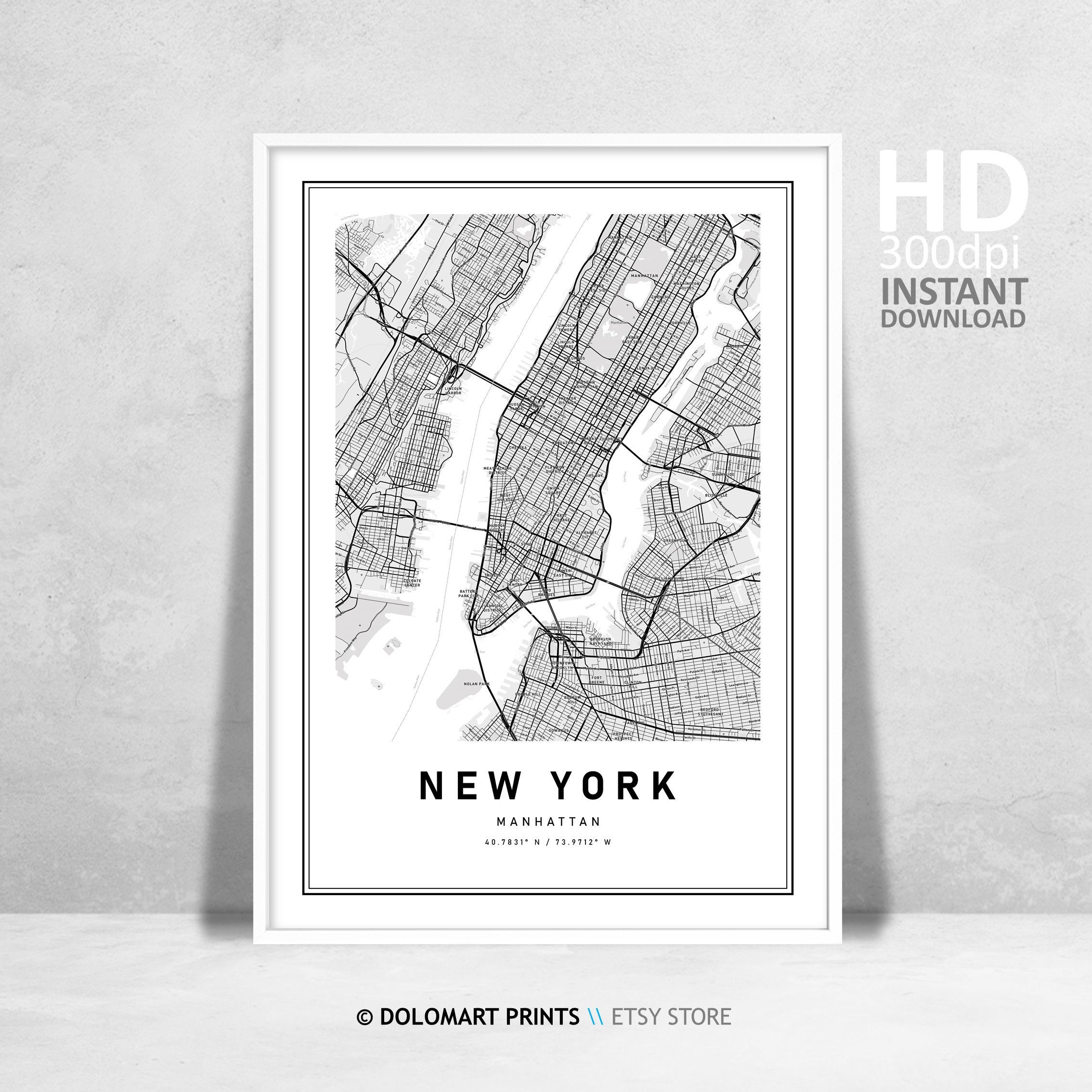 New York Map Print Printable Wall Art NYC Map Manhattan Map - Etsy