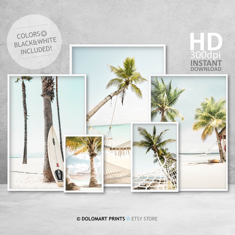 Black and White Tropical Prints Wall Gallery Set, Beach Poster Bundle ...