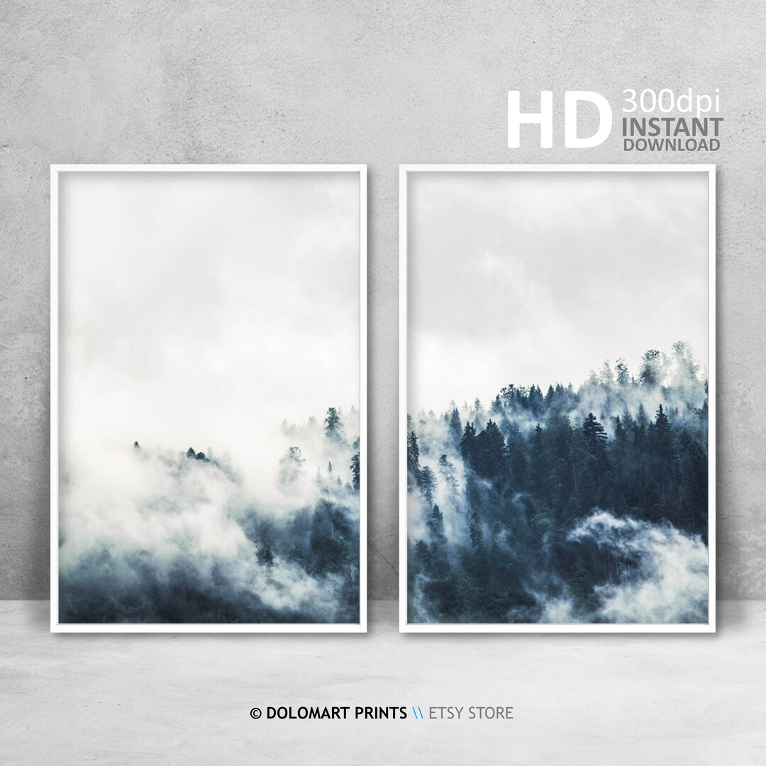 Set of 2 Minimal Forest Landscape Prints, Mountain Forest Minimal ...