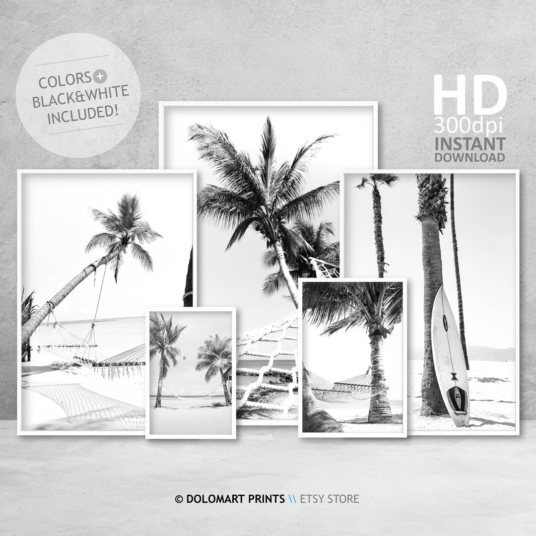 Black and White Tropical Beach Prints, Coastal Gallery Wall Set ...