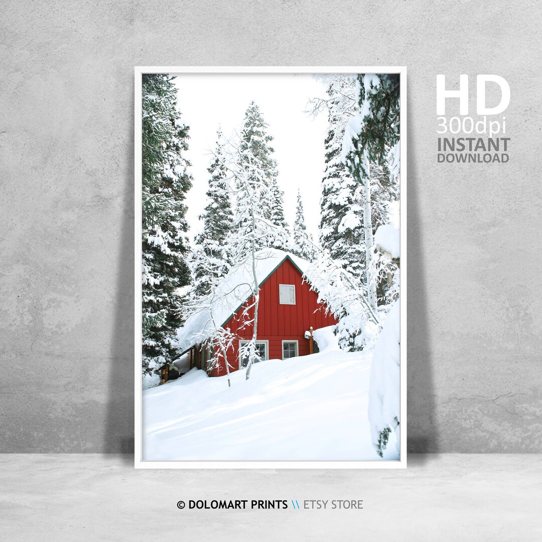 Winter Cabin Print, Red Cabin in Snow, Forest Landscape (digital ...