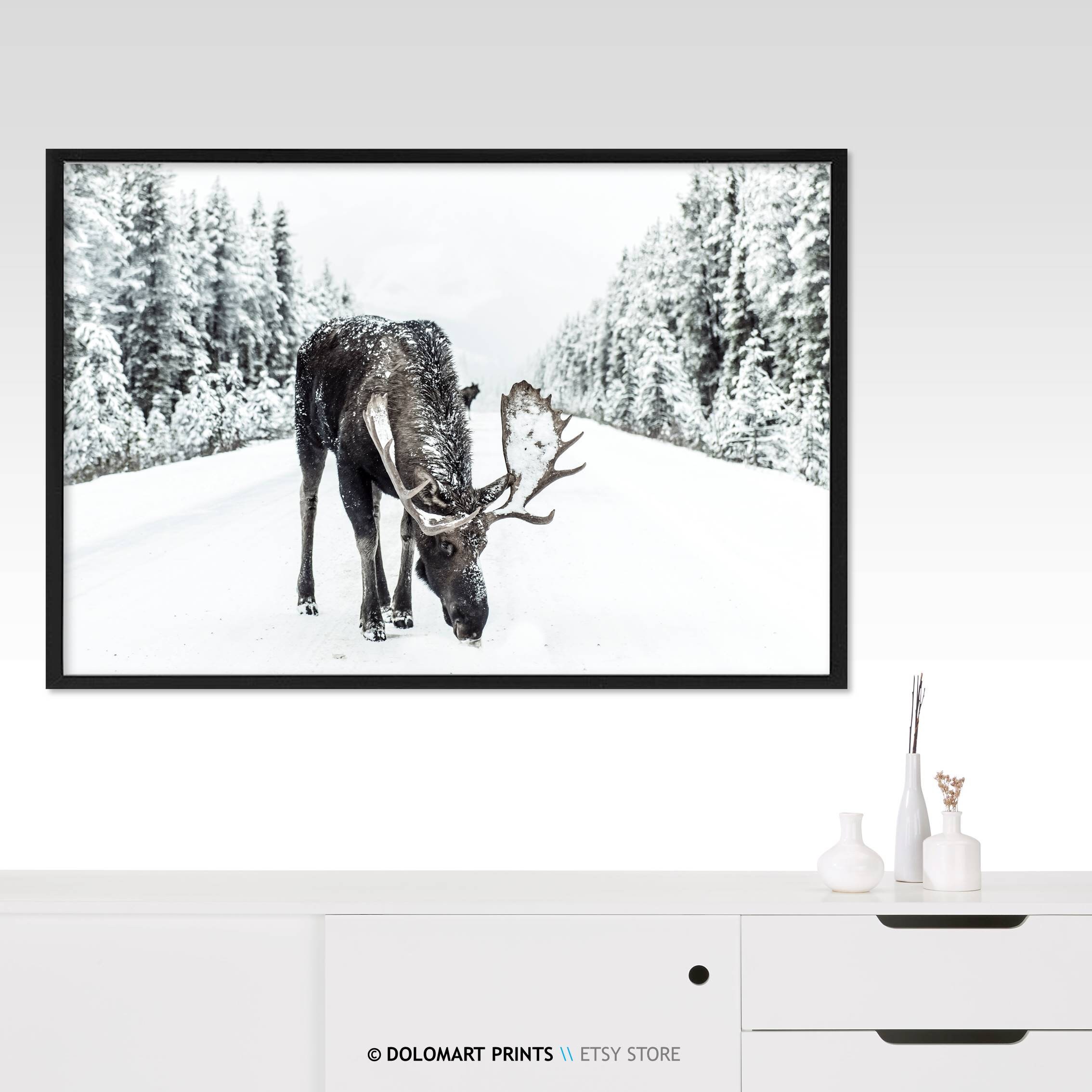Moose in Snow Print, Winter Themed Decor, Reindeer Printable Large ...