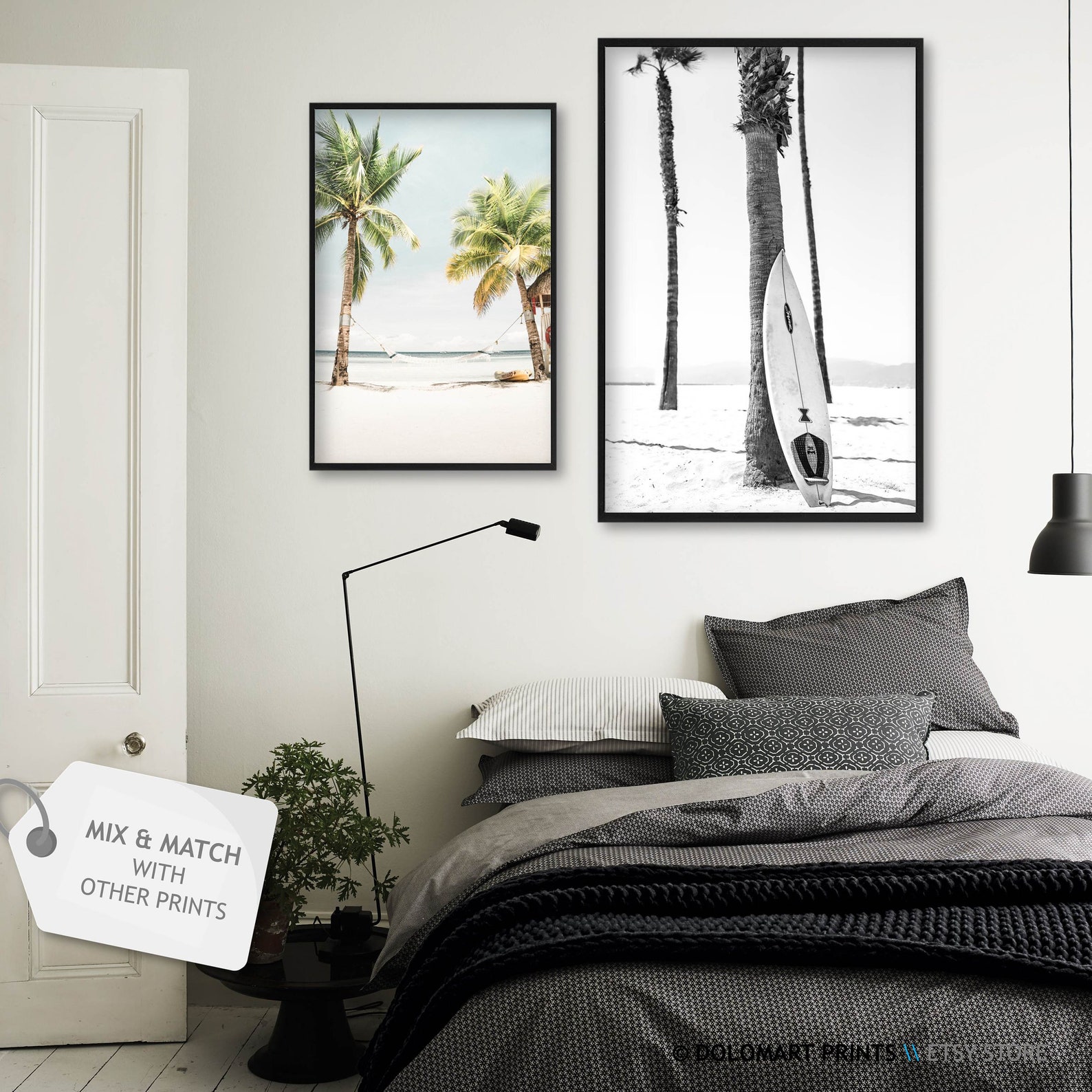 Black and White Beach Print Tropical Wall Art Decor Surfer | Etsy