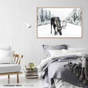 Moose in Snow Print, Winter Themed Decor, Reindeer Printable Large ...