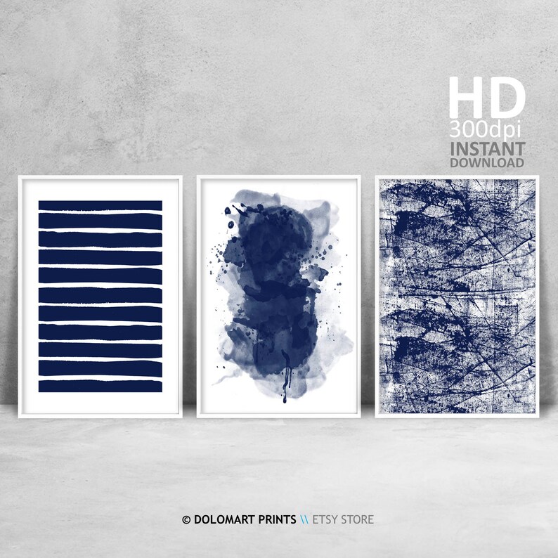 Blue Watercolor Prints Gallery, Set of 3 Prints, Indigo, Navy Blue and ...