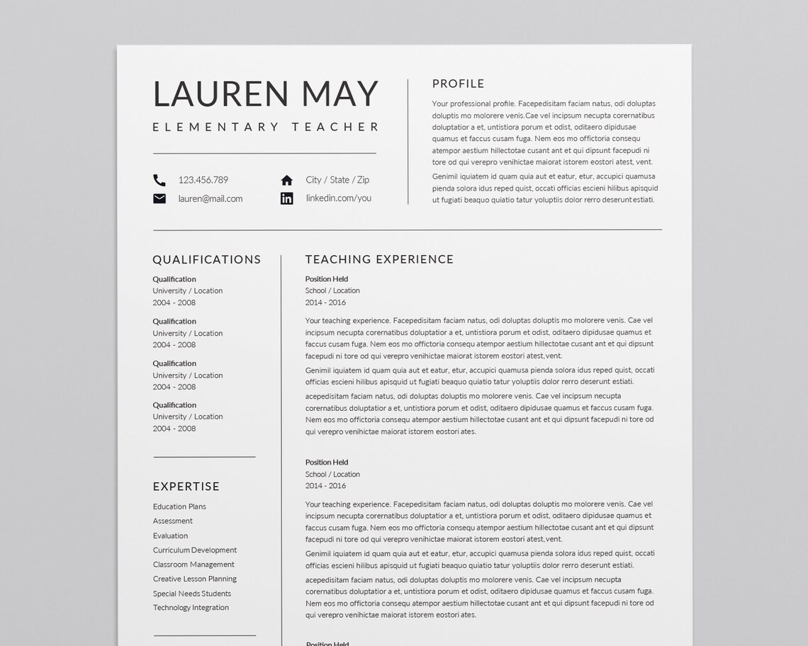 Teacher Resume Teacher Resume Template Creative Resume | Etsy