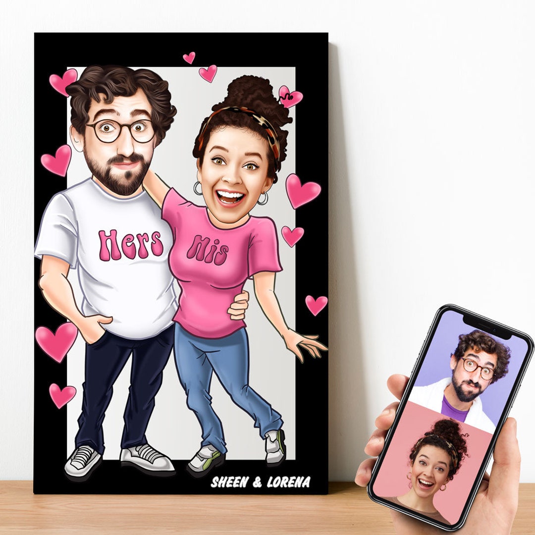 Personalized Couple Cartoon Wooden Wall Art, Caricature Portrait ...