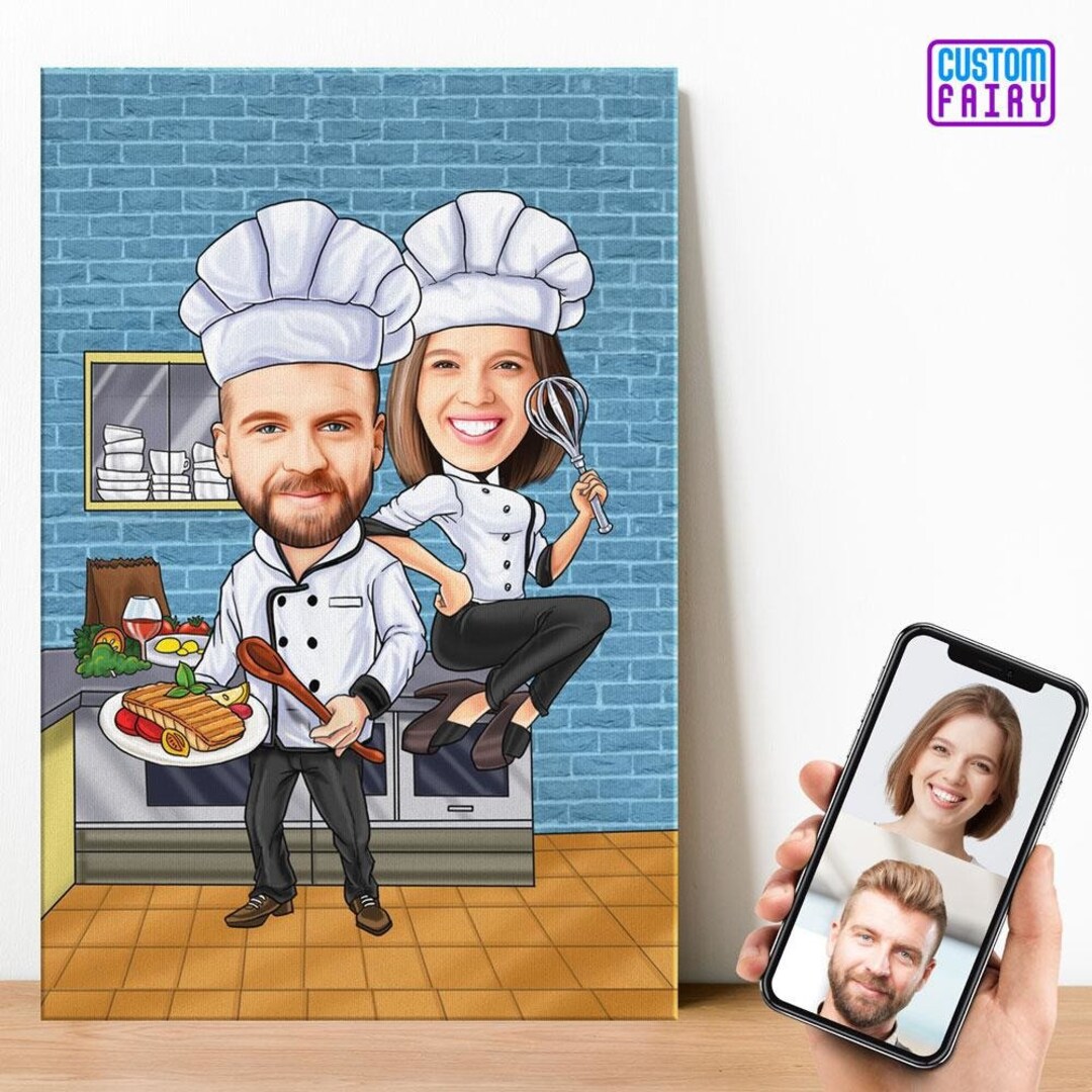 Personalized Cartoon Chefs Couple Canvas, Caricature Portrait, Chef ...