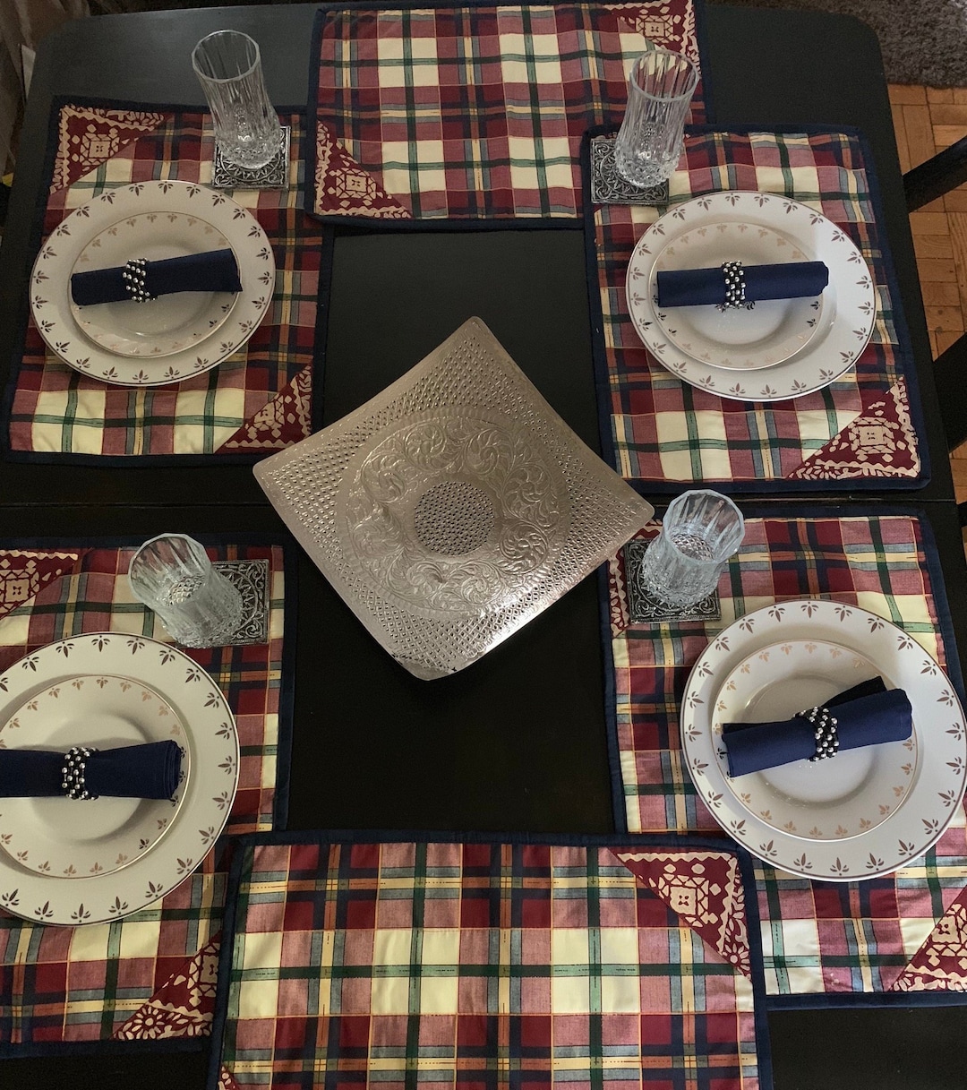 Maroon Plaid Table Mat WITH Fabric Napkin, Maroon and White Table Place ...
