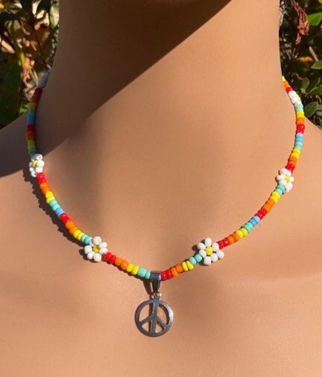 Hippie Aesthetic Peace Sign Necklace, Seed Bead Choker With Peace ...