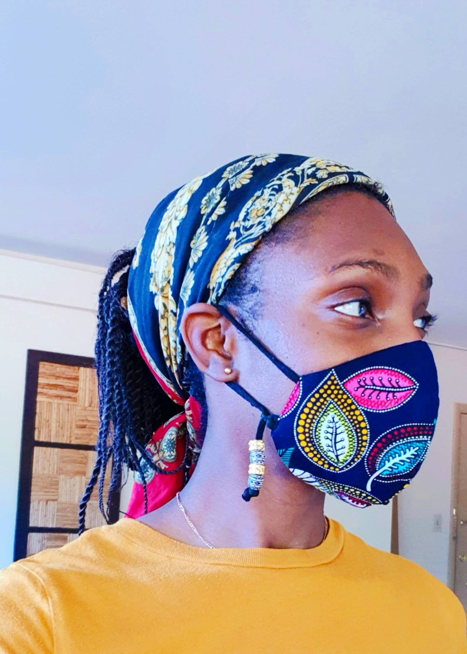 African Wax Print Beaded Adjustable Face Masks 100% Cotton reusable ...