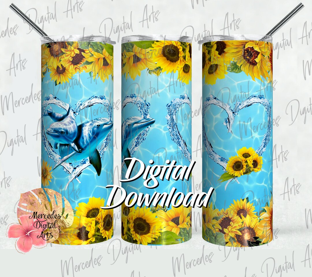 Sunflowers Dolphin Heart 20oz Skinny Straight Tumbler Template. Digital ...