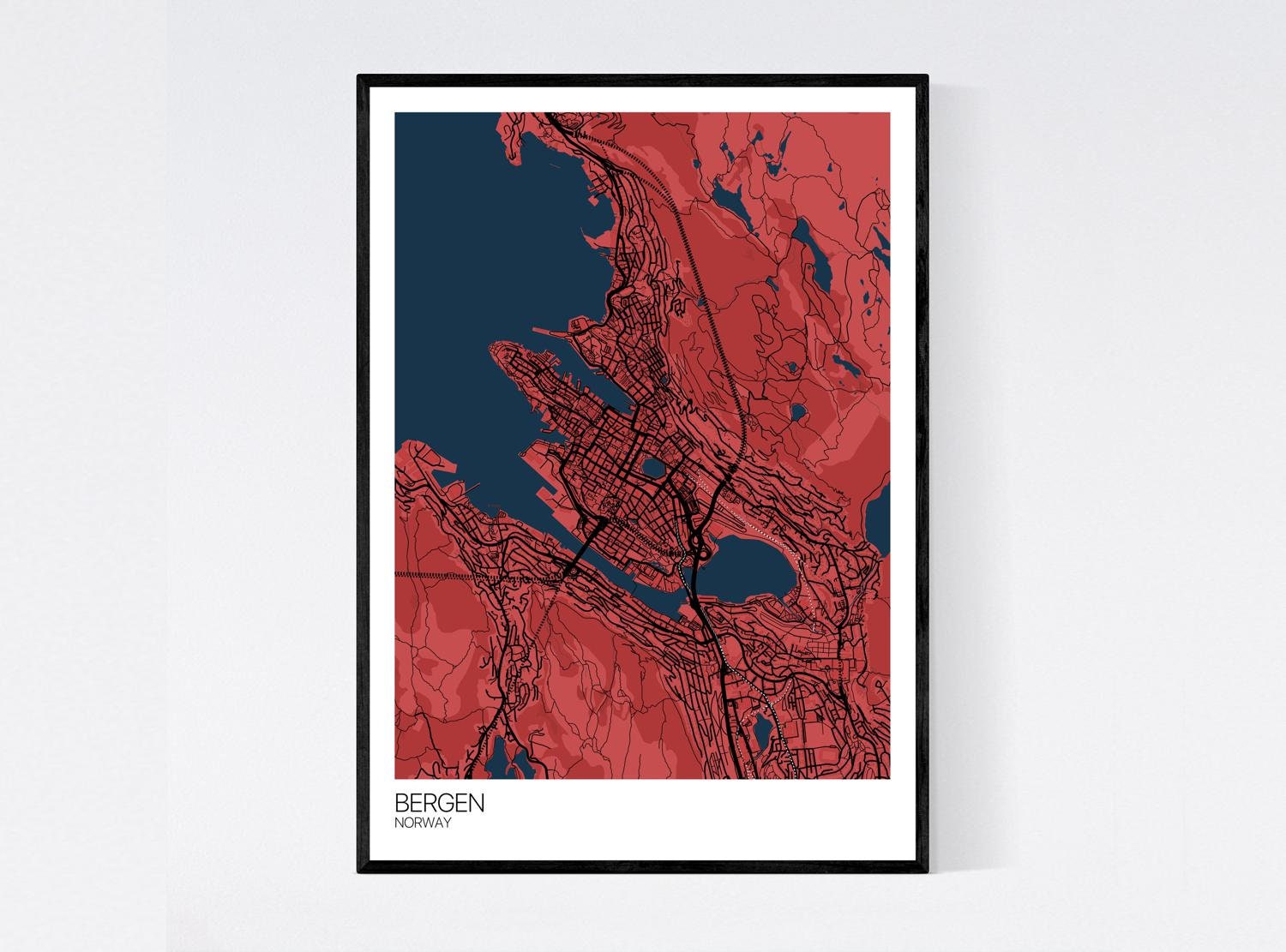 Bergen Norway Map Art Print Many Colours 350gsm Art | Etsy