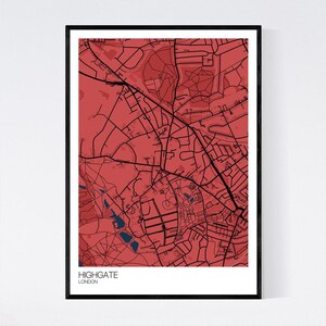 Highgate, London Map Art Print Many Colours 350gsm Art Quality Paper ...