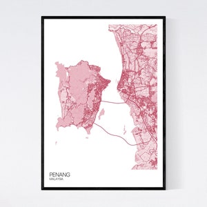 Penang, Malaysia Map Art Print Many Styles Art Quality Paper Fast ...