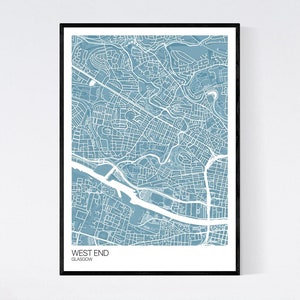 West End, Glasgow City Map Art Print Many Colours 350gsm Art Quality Paper Fast Delivery Scandi ...