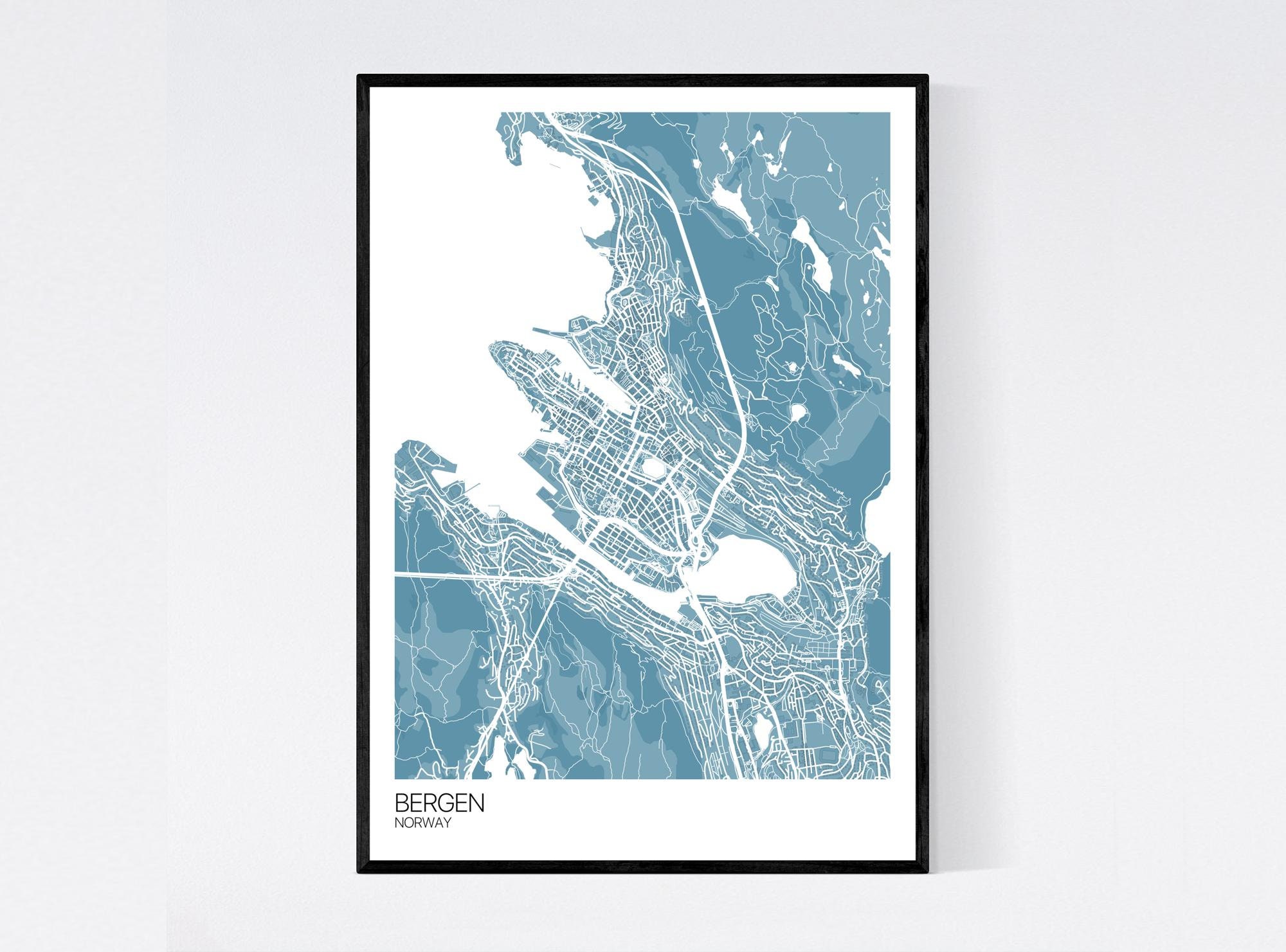 Bergen Norway Map Art Print Many Colours 350gsm Art | Etsy
