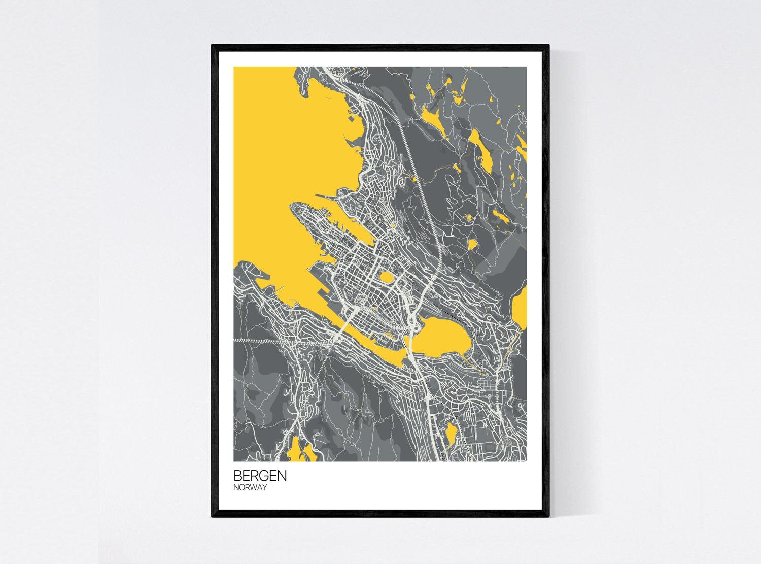 Bergen Norway Map Art Print Many Colours 350gsm Art | Etsy