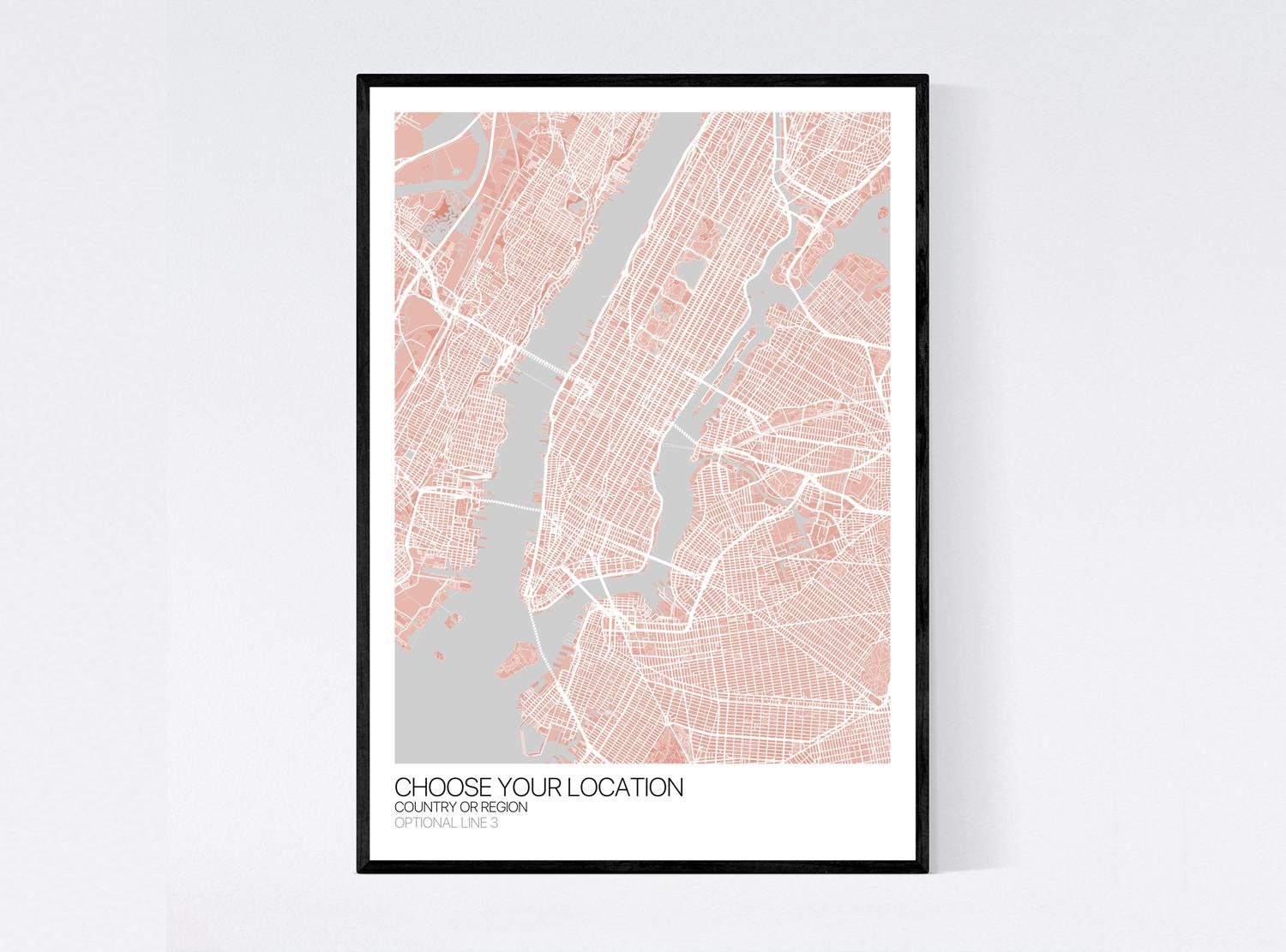 Custom Map Art Print Colour Options Choose Your Location | Etsy UK