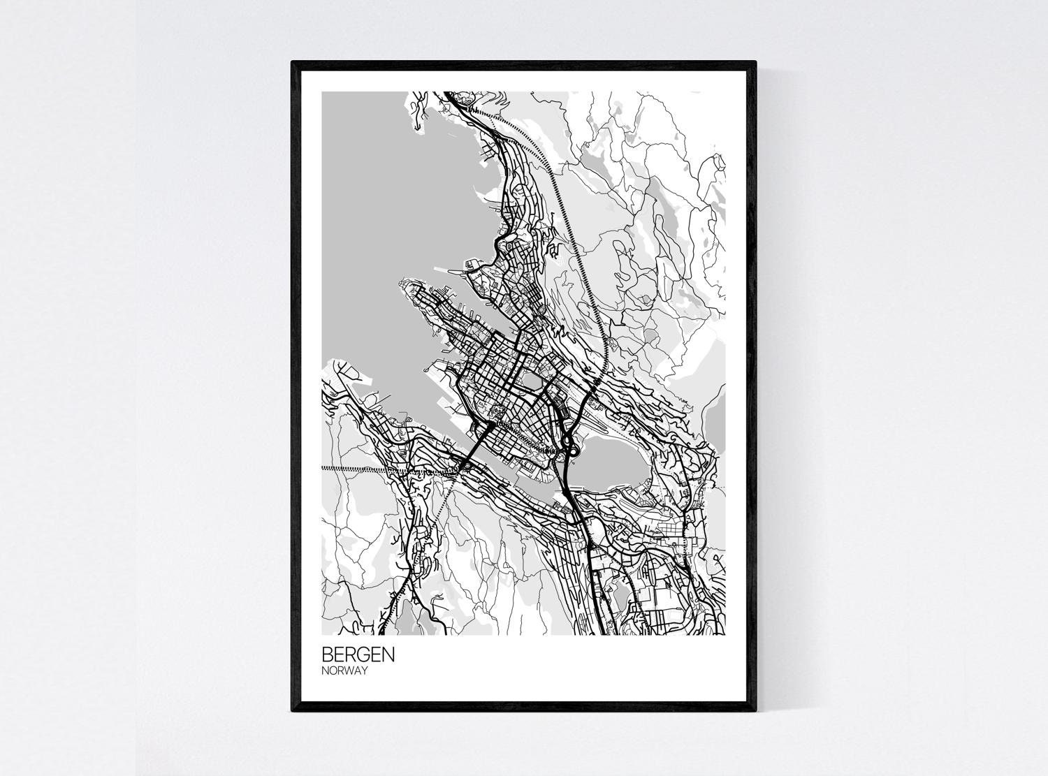 Bergen Norway Map Art Print Many Colours 350gsm Art | Etsy