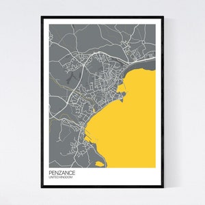 Penzance Map Print Many Colours 350gsm Art Quality Paper Fast Delivery ...