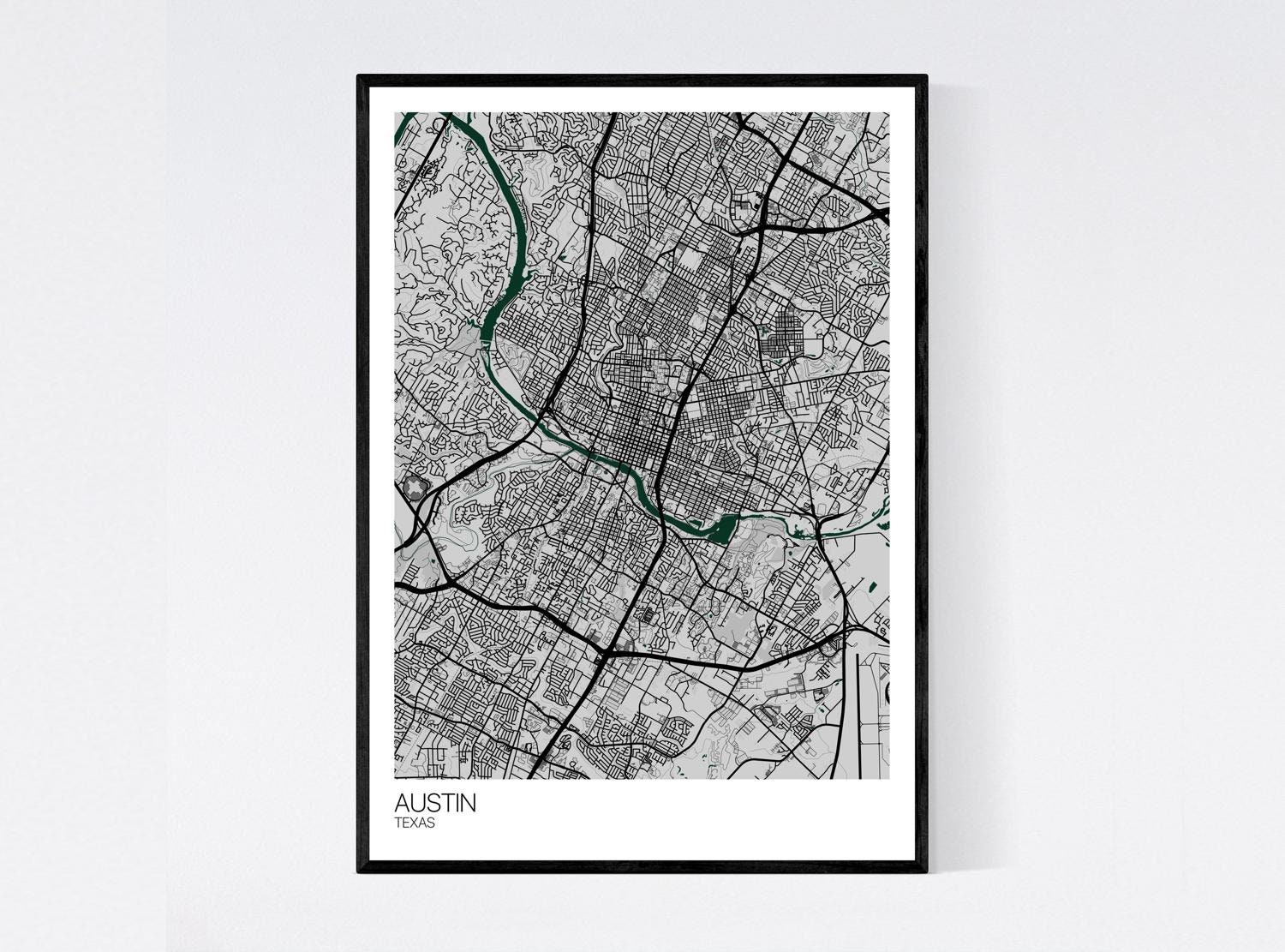 Austin Texas Map Print Many Colours Printed on Art | Etsy