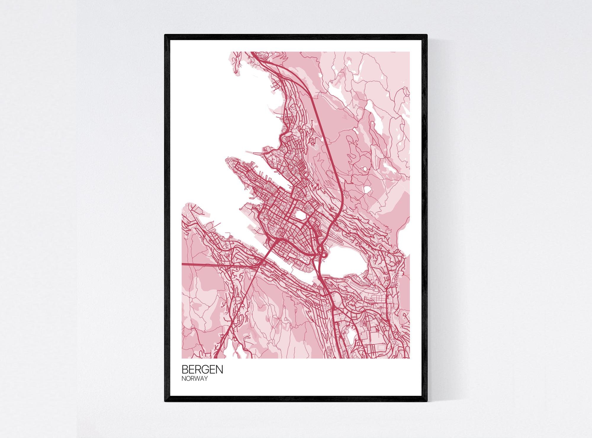Bergen Norway Map Art Print Many Colours 350gsm Art | Etsy