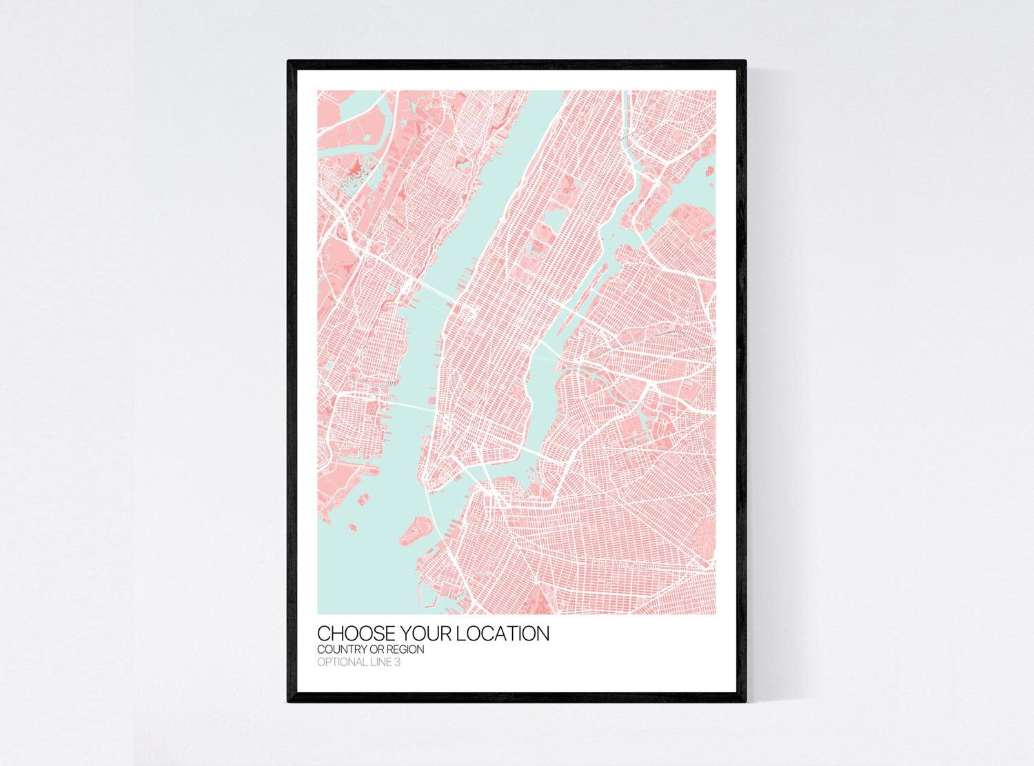 Custom Map Art Print Colour Options Choose Your Location - Etsy
