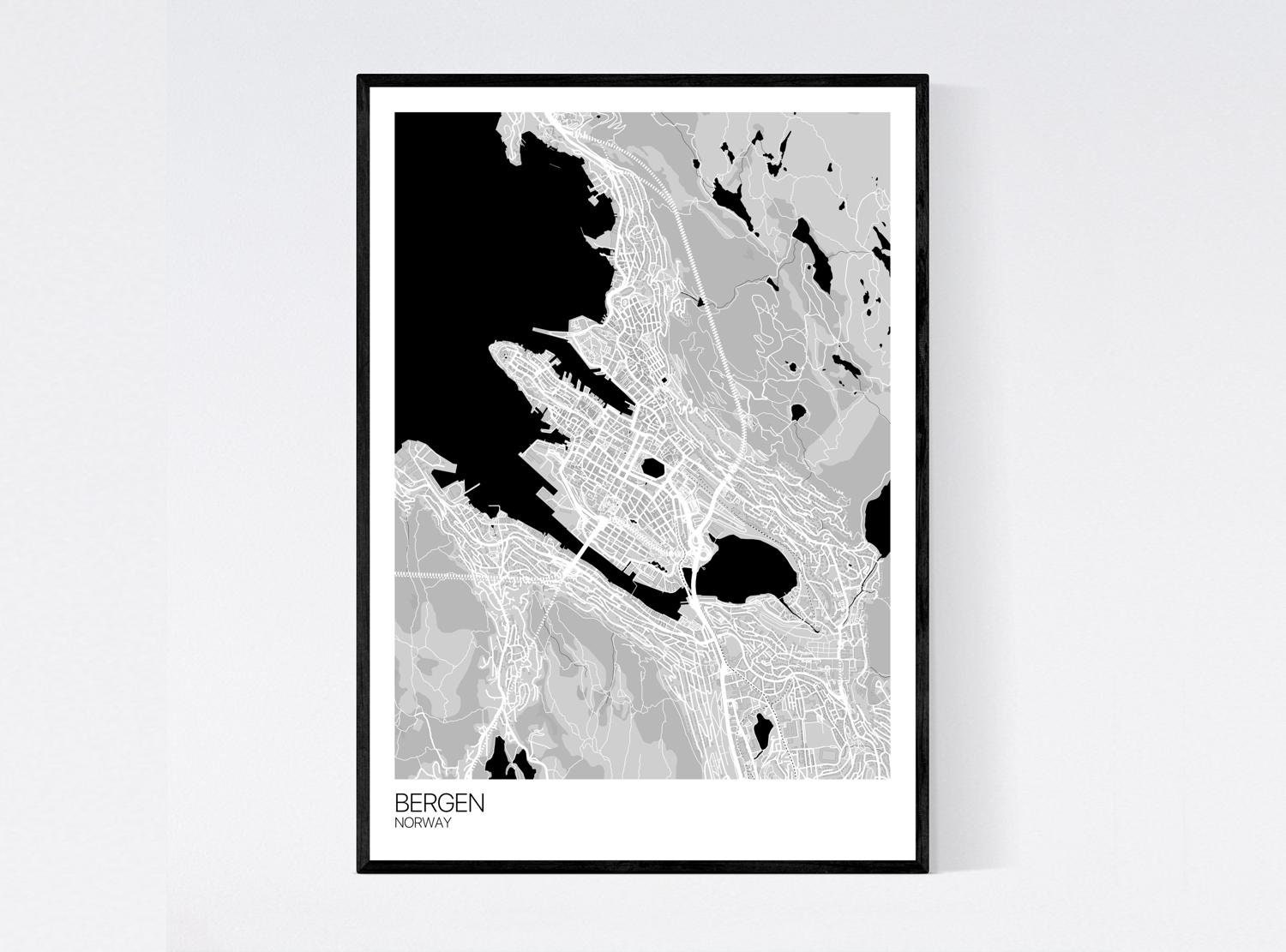 Bergen Norway Map Art Print Many Colours 350gsm Art | Etsy