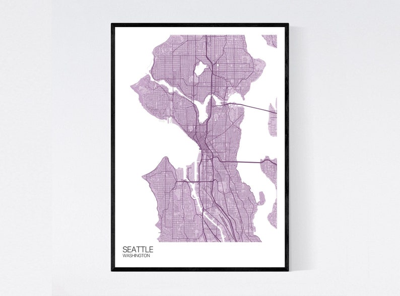 Seattle Washington Map Print Many Colours Printed on Art | Etsy