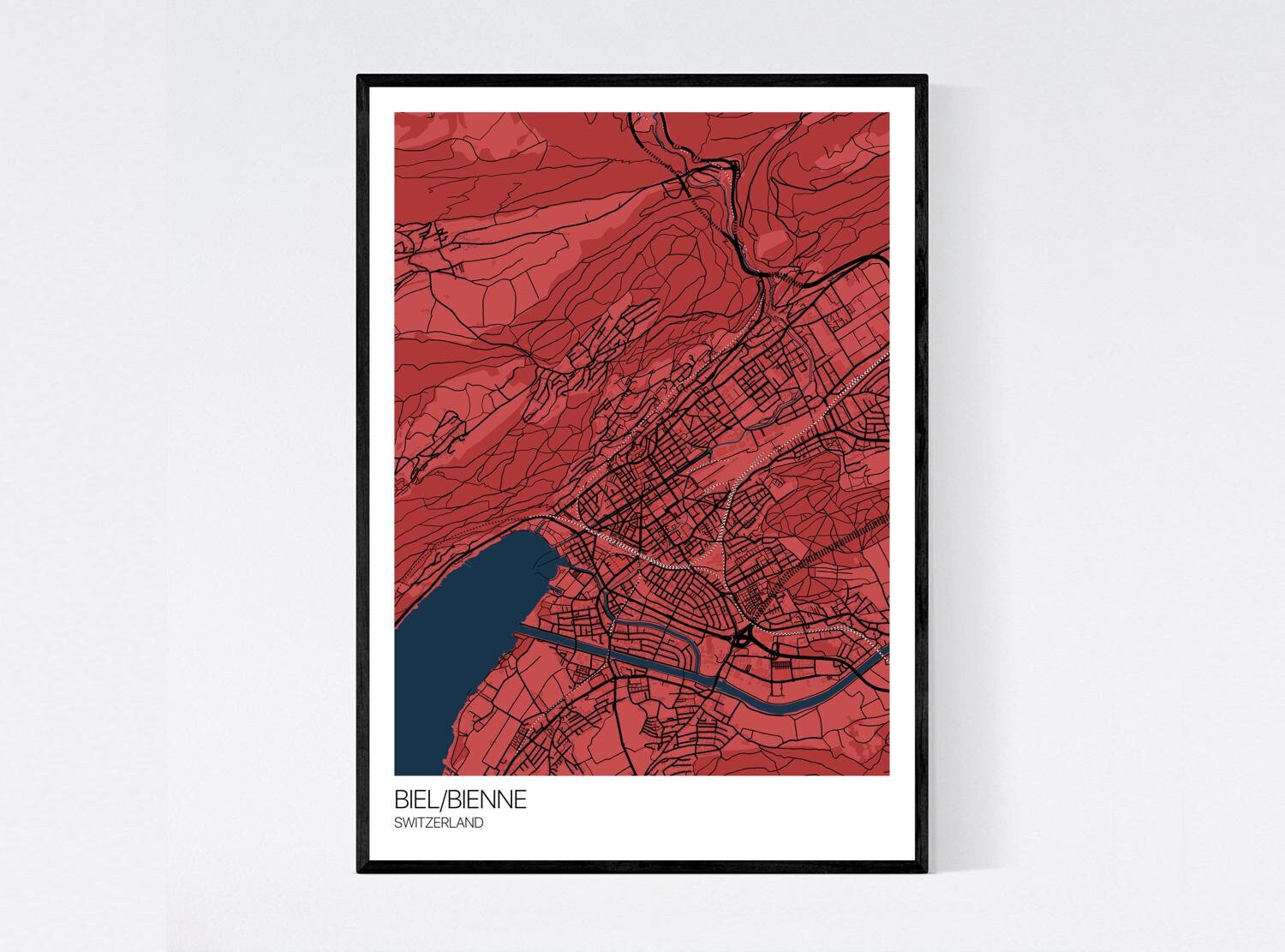Biel/bienne Switzerland Map Art Print Many Colours 350gsm | Etsy