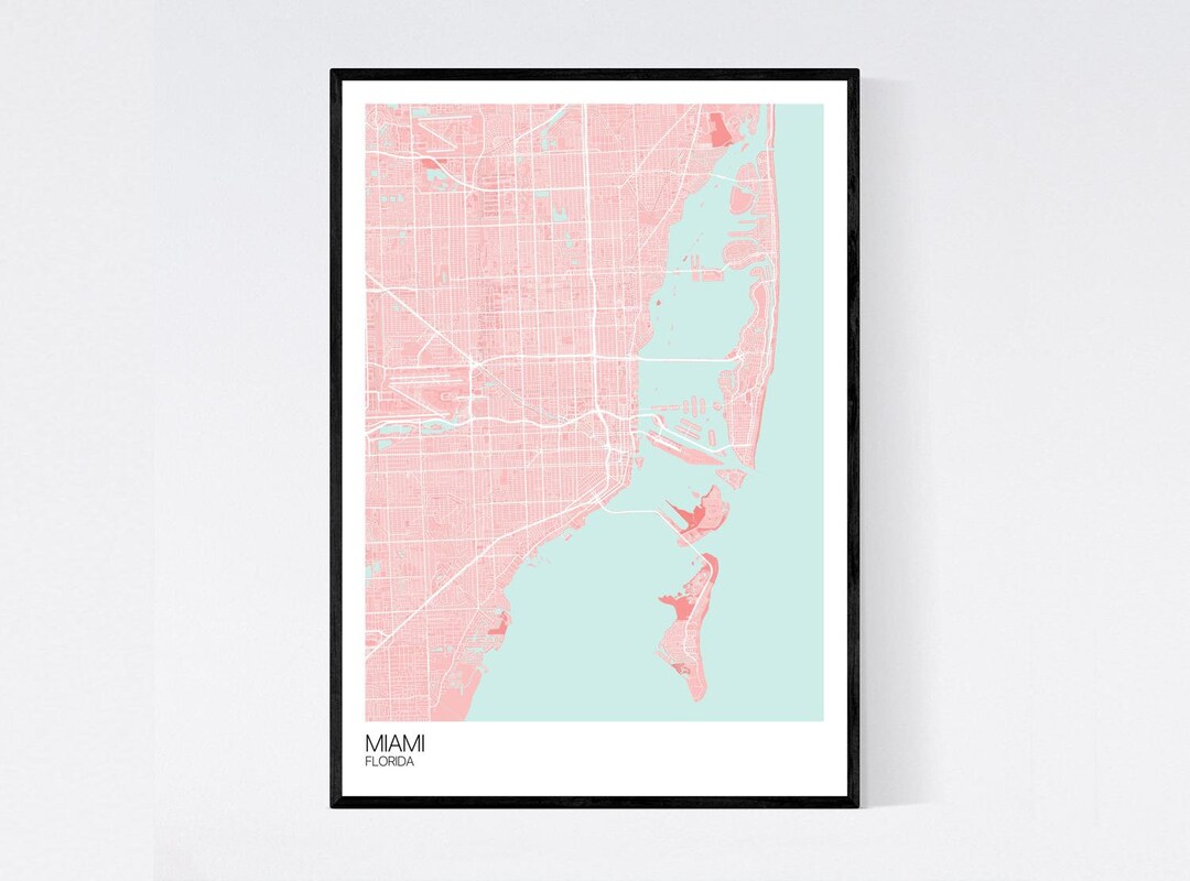 Miami, Florida Map Print Many Colours Printed on Art Quality Paper Fast ...