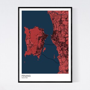 Penang, Malaysia Map Art Print Many Styles Art Quality Paper Fast ...