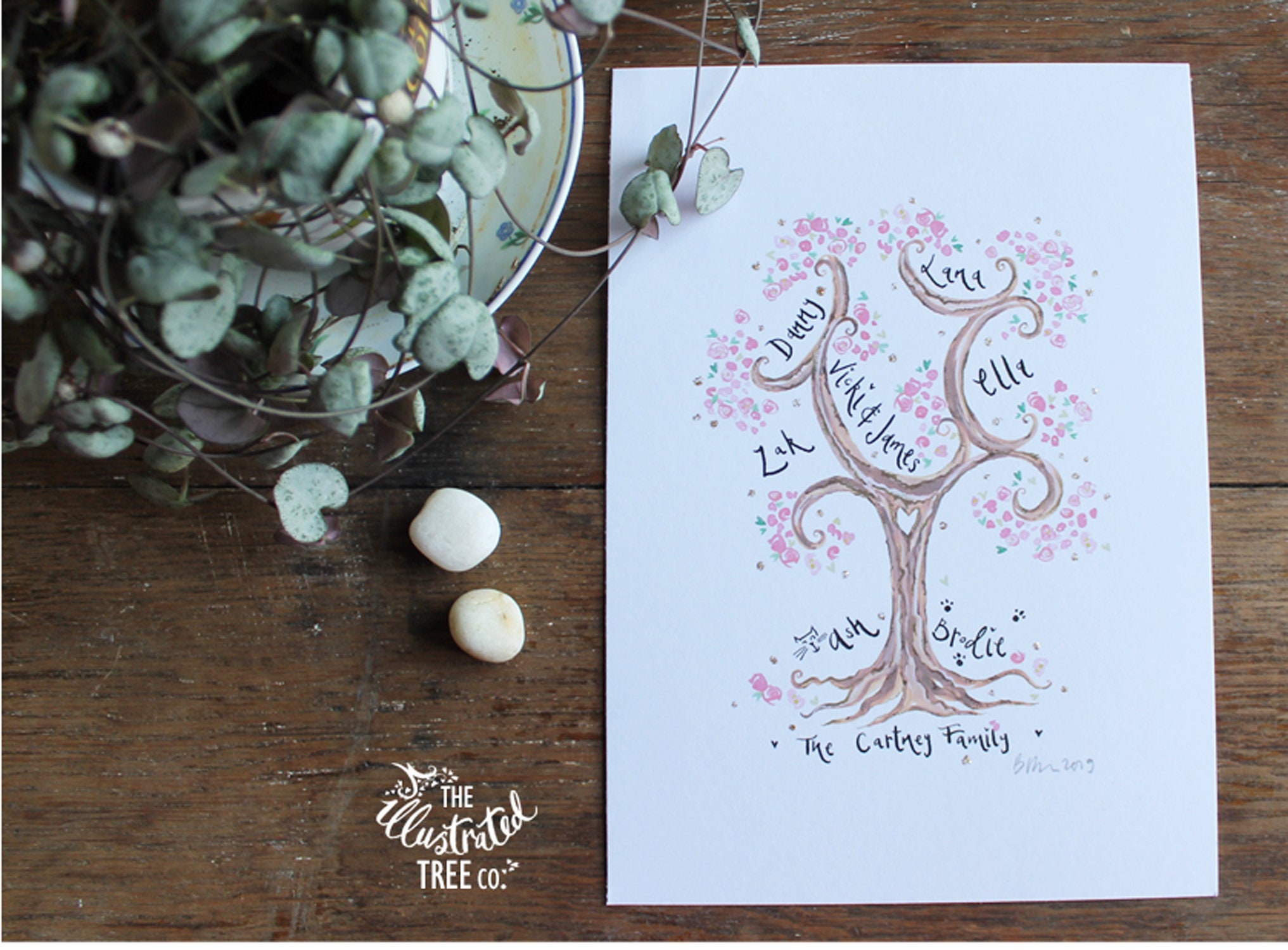 Pink Family Tree, Personalised Anniversary Gift, Pet Lovers Print ...