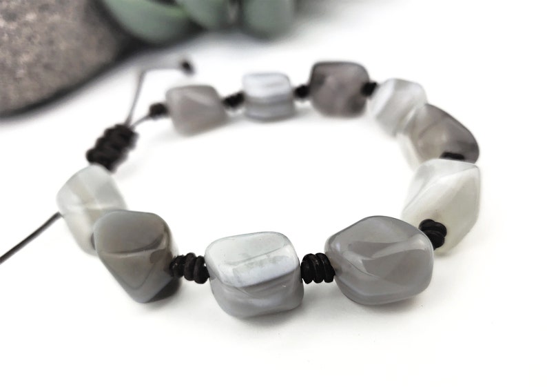 Adjustable Gray Banded Agate Real Leather Bracelet Healing - Etsy
