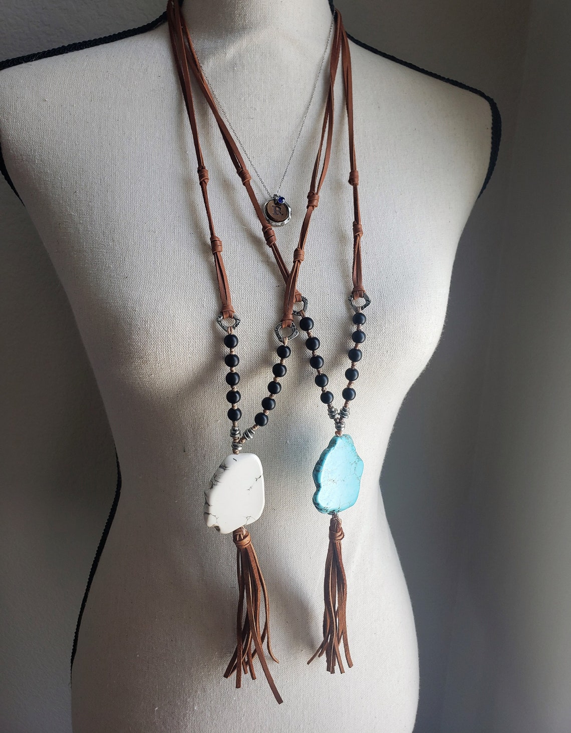 Turquoise Slab Layering Long Tassel Necklace • Blue White Turquoise ...