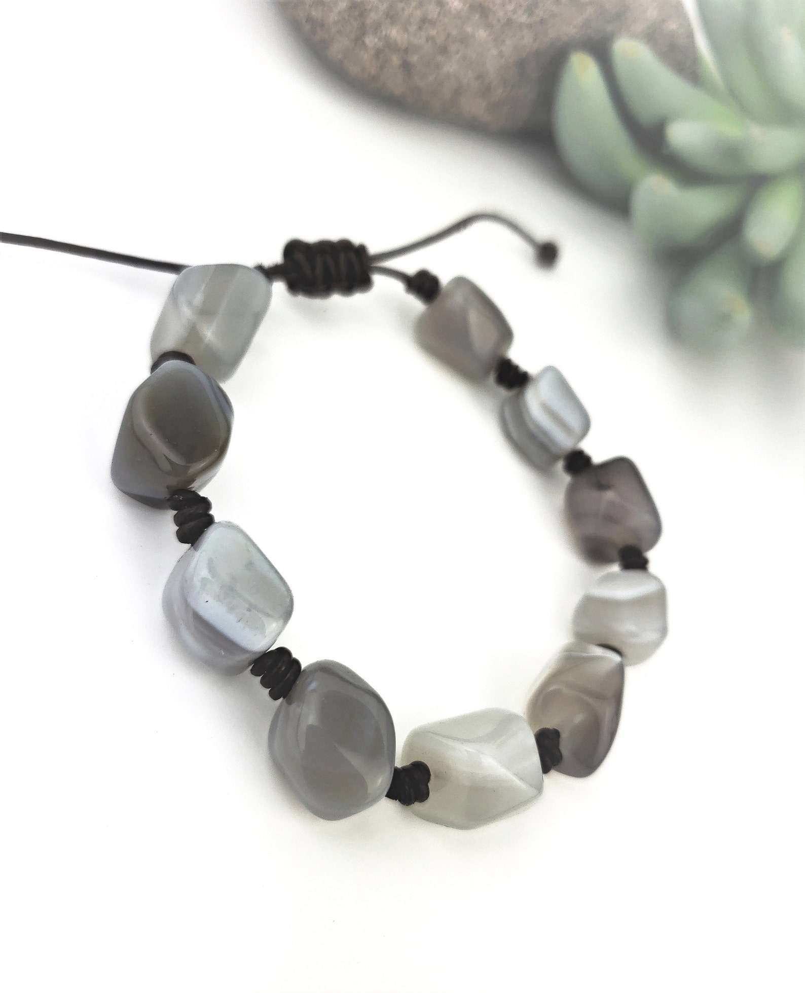 Adjustable Gray Banded Agate Real Leather Bracelet Healing - Etsy