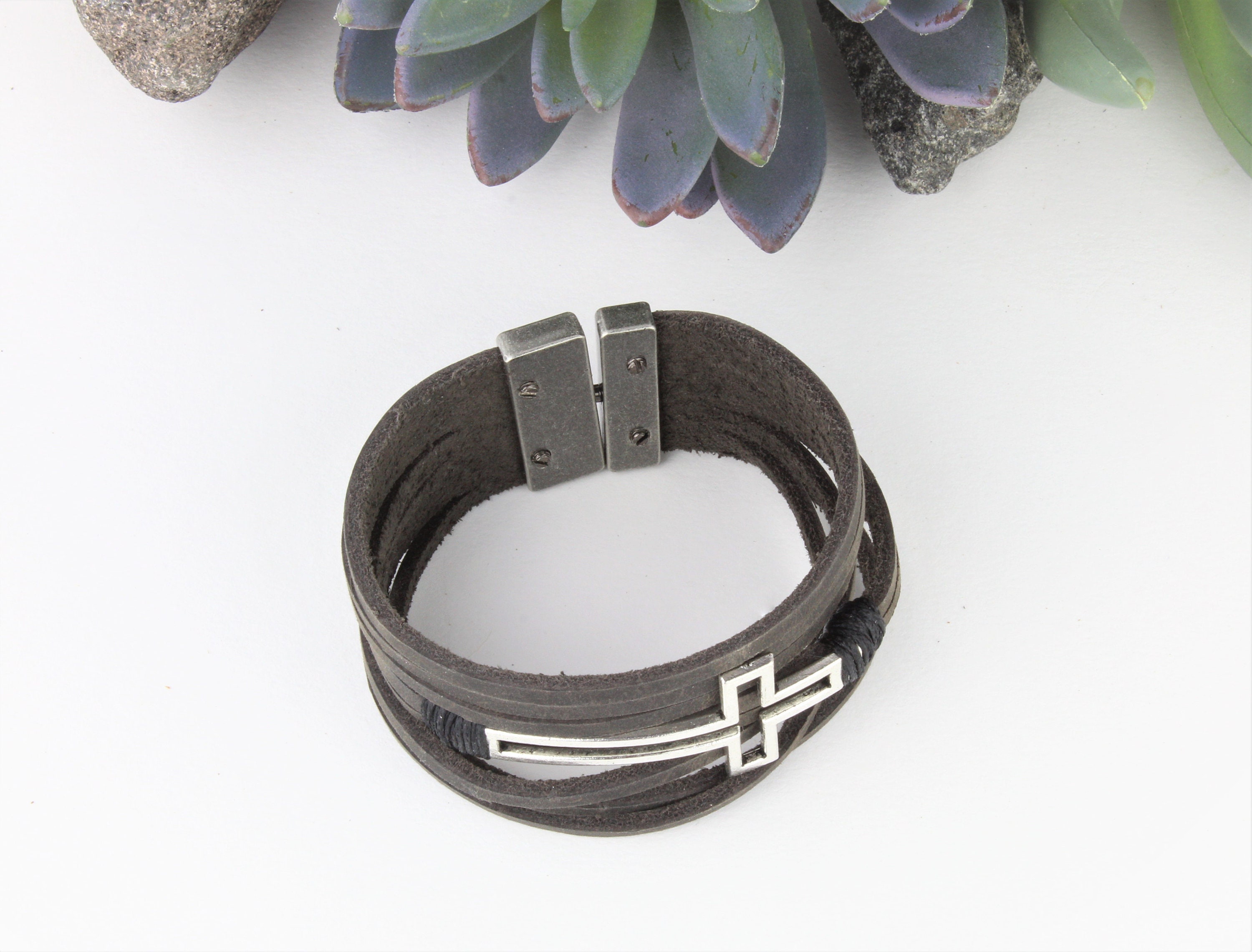 Strappy Leather Cuff Cross Bracelet Strong Fullgrain Cowhide | Etsy