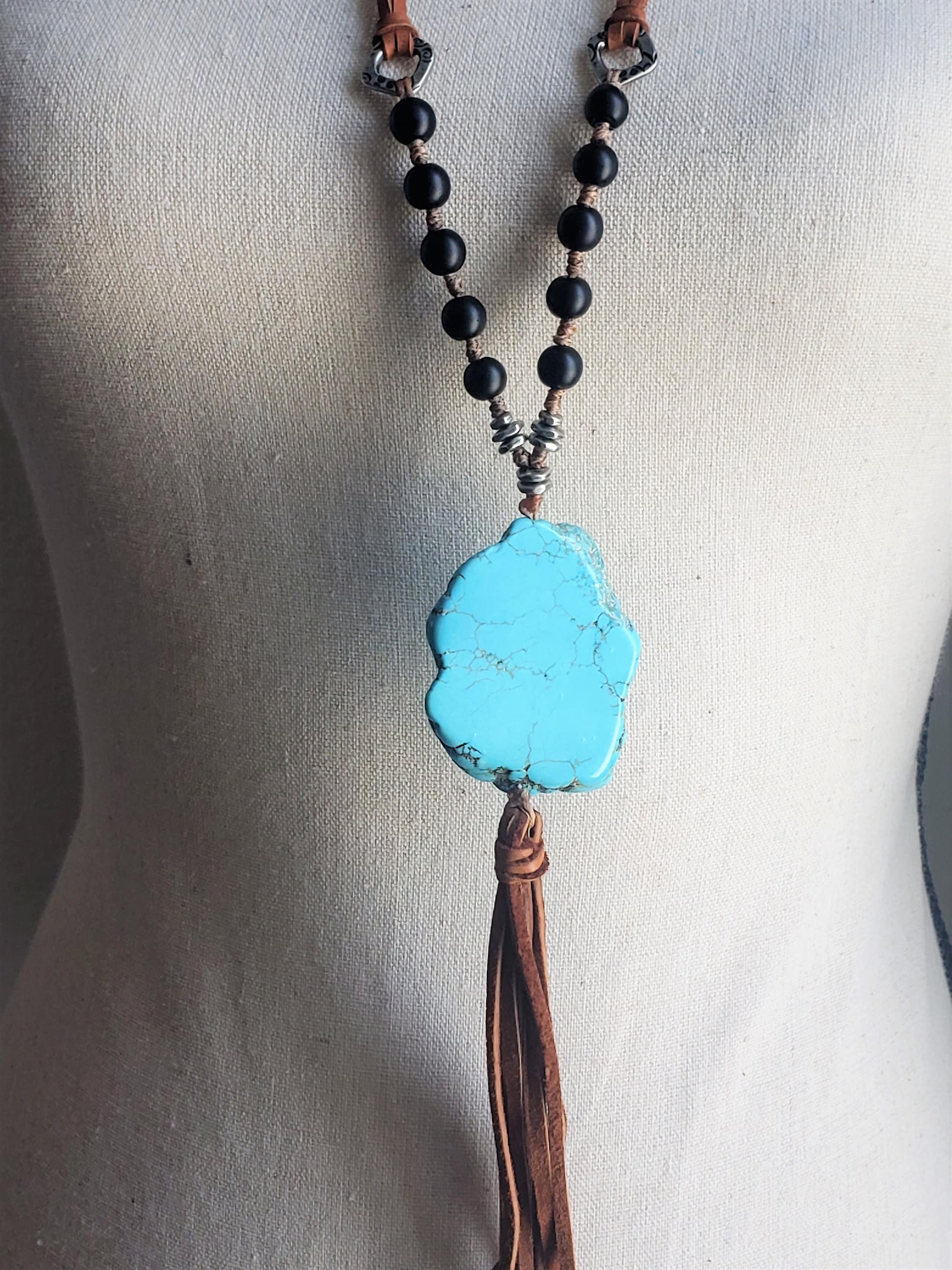 Turquoise Slab Tassel Necklace • Black Onyx Beaded Leather Cord - Etsy