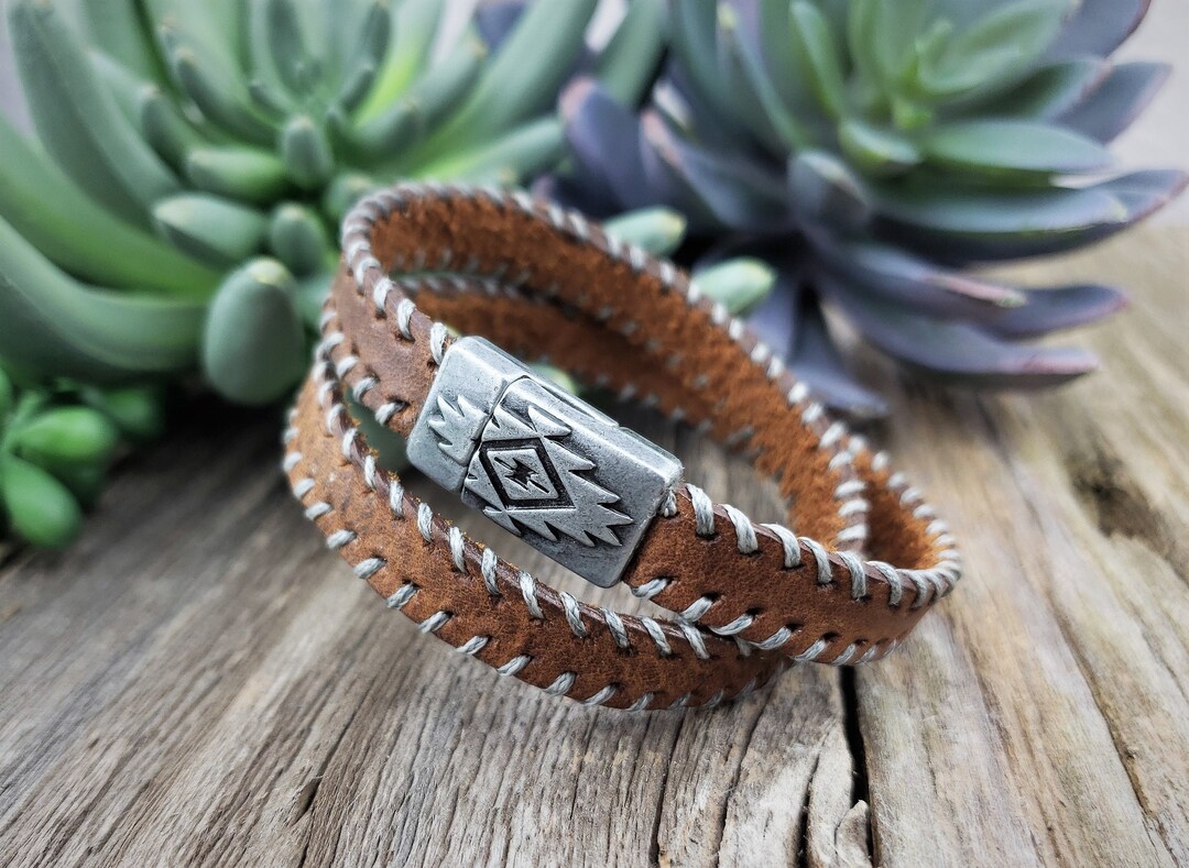 Aztec Cowhide Wrap Bracelet: Handstitched Leather Magnetic Closure - Etsy
