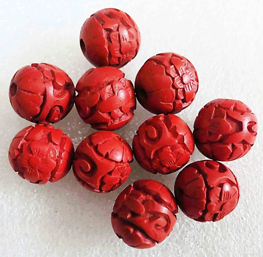 6pc Vintage Chinese Lacquer Carved Cinnabar Beads, 15mm Flower Carved ...