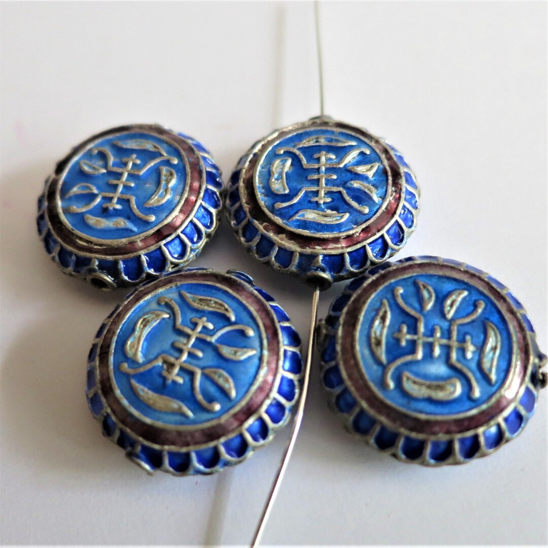 4 Vintage Chinese Shou Cloisonne Beads, 18mm Coin Shape Beads, 2 Sides ...
