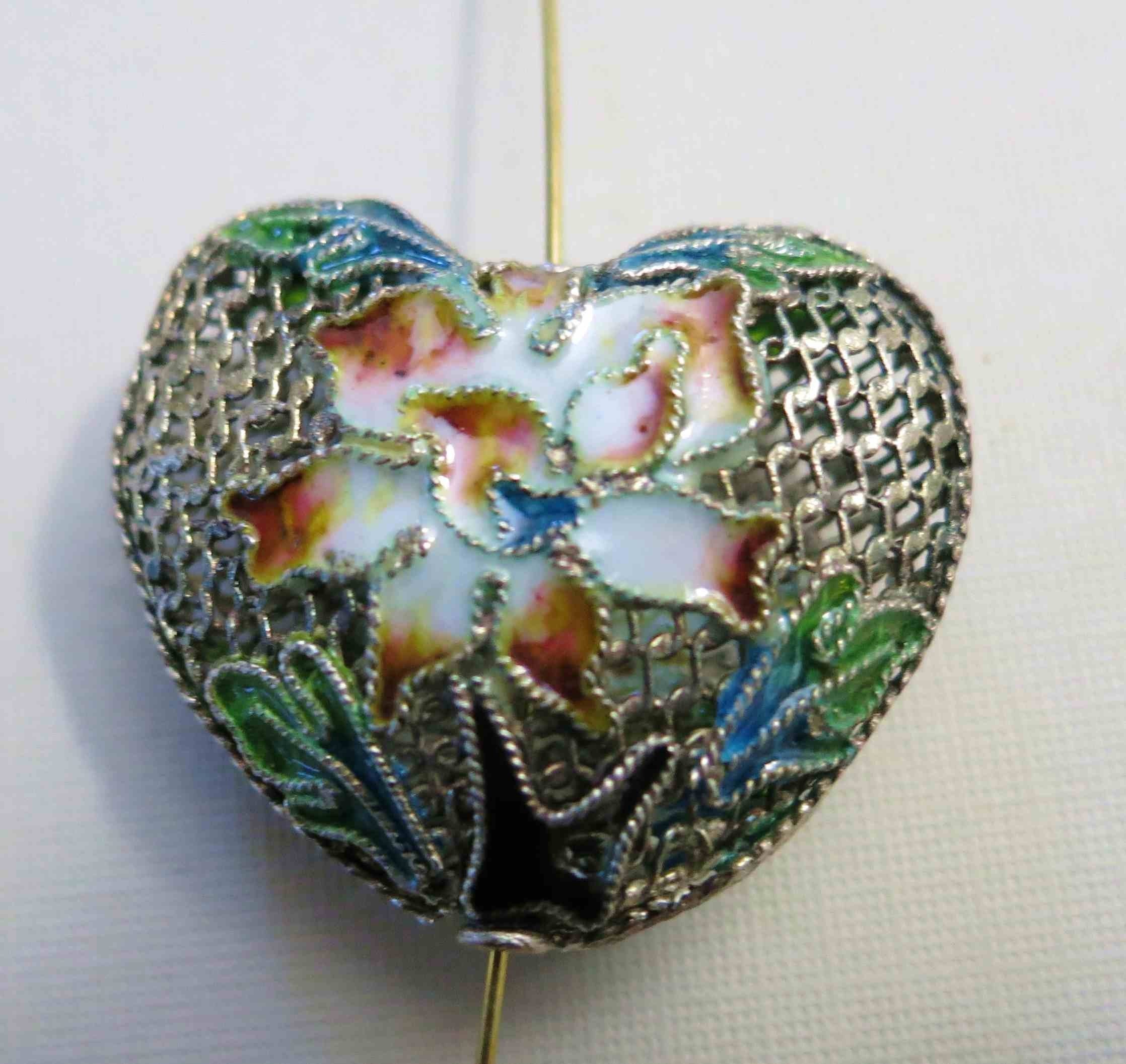 27mm Vintage Chinese Heart Enamel Bead Pendant, Big Mesh Cloisonne ...
