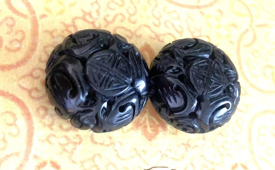2 Vintage Chinese 25mm Shou Jet Black Carved Bead, Old Chinese Carved ...