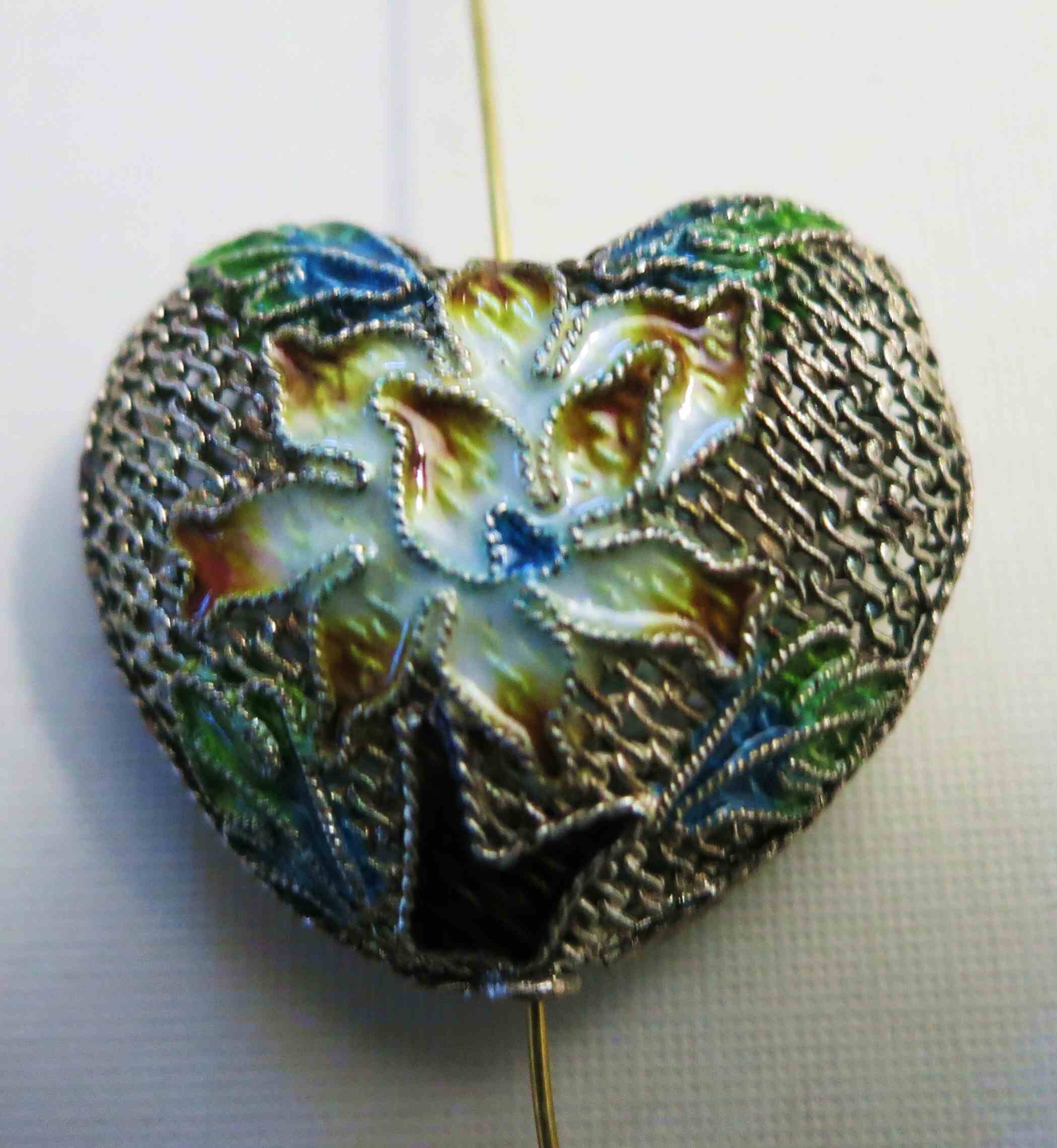 27mm Vintage Chinese Heart Enamel Bead Pendant, Big Mesh Cloisonne ...
