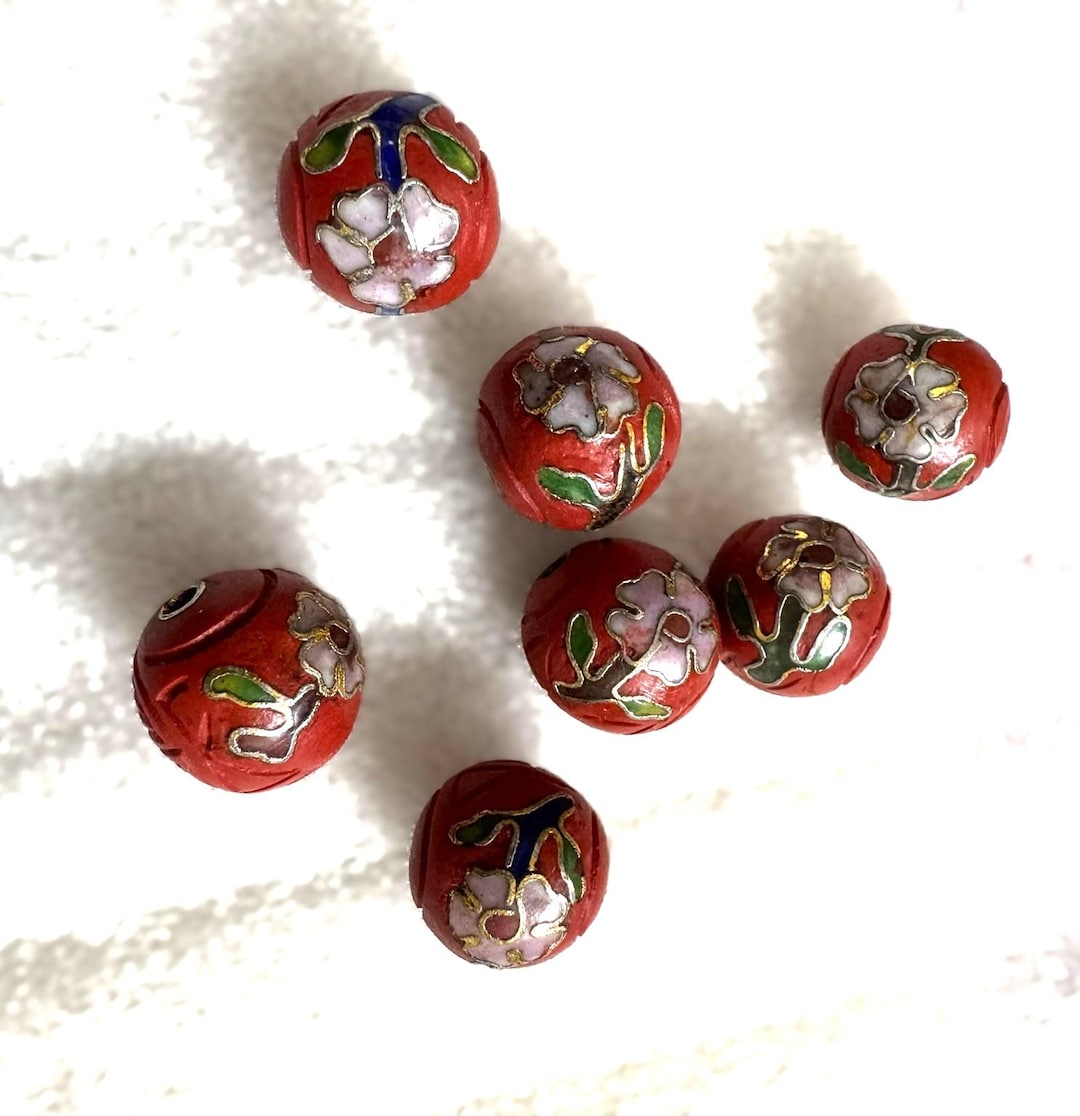 7pc Vintage Chinese Cinnabar Imbedded Cloisonne Shou Beads, Shou ...