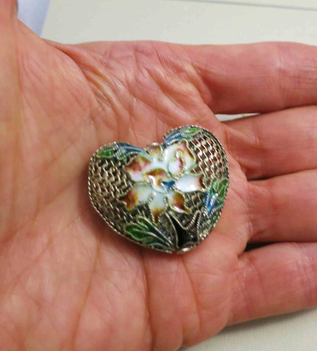 27mm Vintage Chinese Heart Enamel Bead Pendant, Big Mesh Cloisonne ...